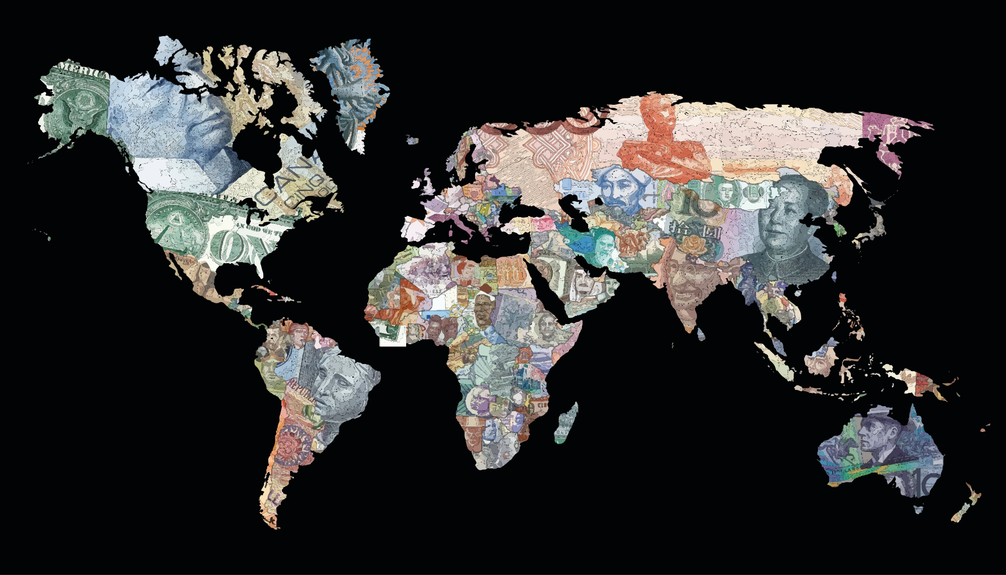 Global Currency Chart world map vinyl rug